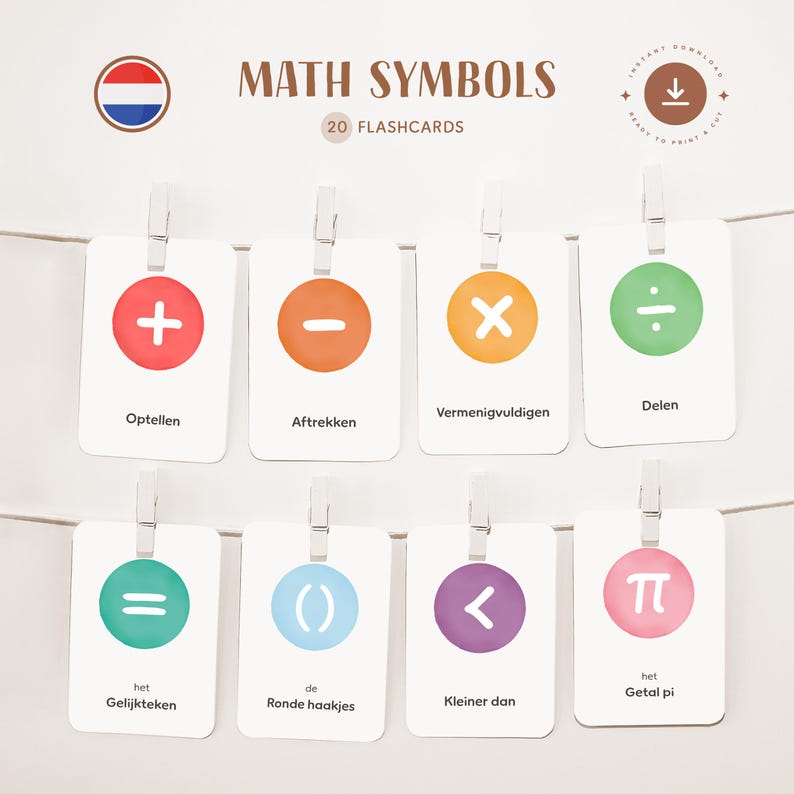 MATH SYMBOLS • Dutch • Printable Flashcards • Three-part Montessori ...