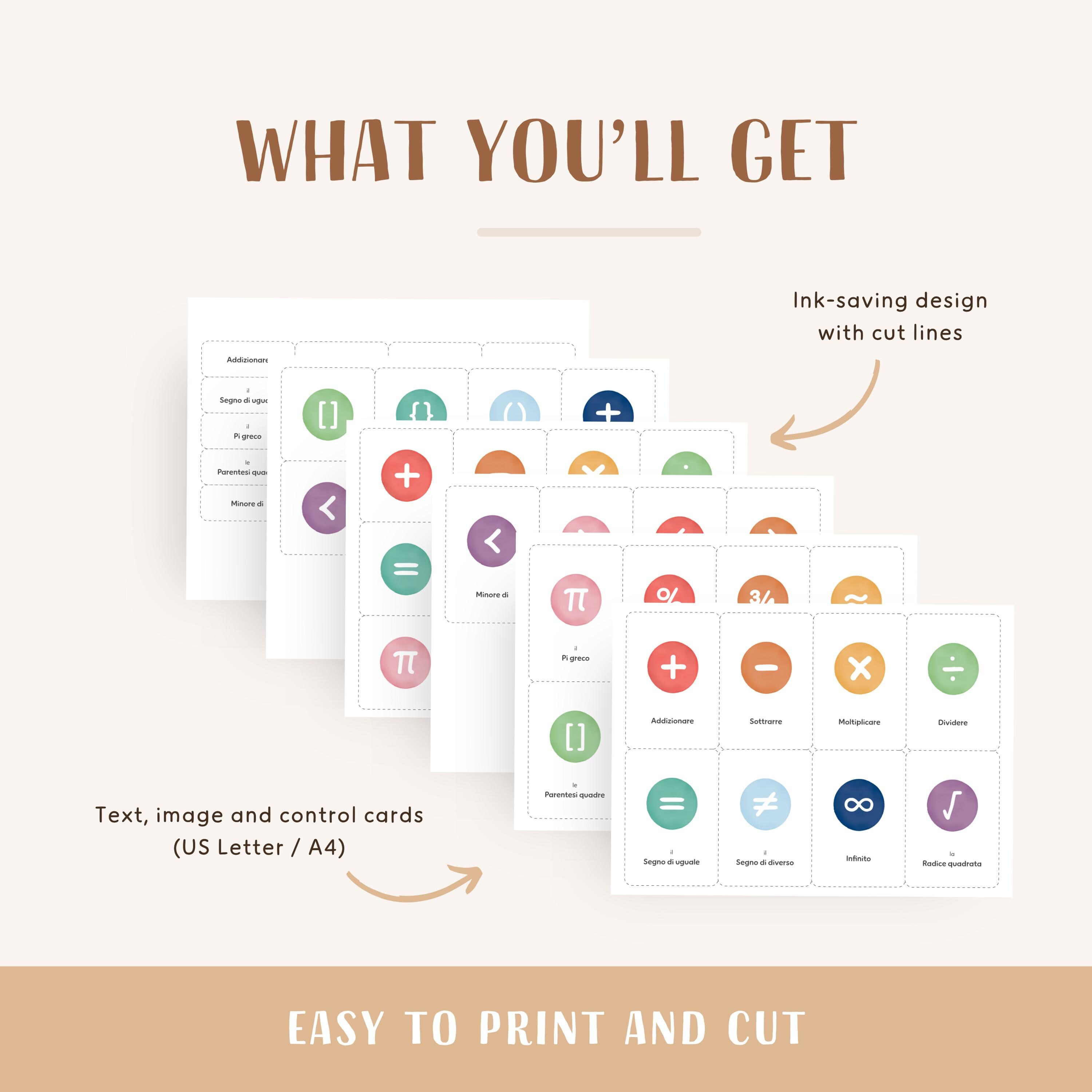 MATH SYMBOLS • Italian • Printable Flashcards • Three-part Montessori ...