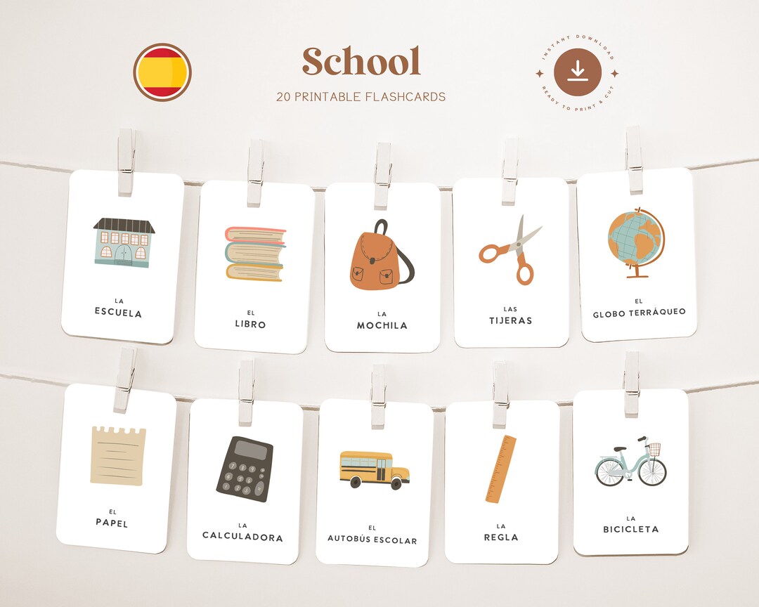 SCHOOL • Spanish • Printable Flashcards • Three-part Montessori Cards ...