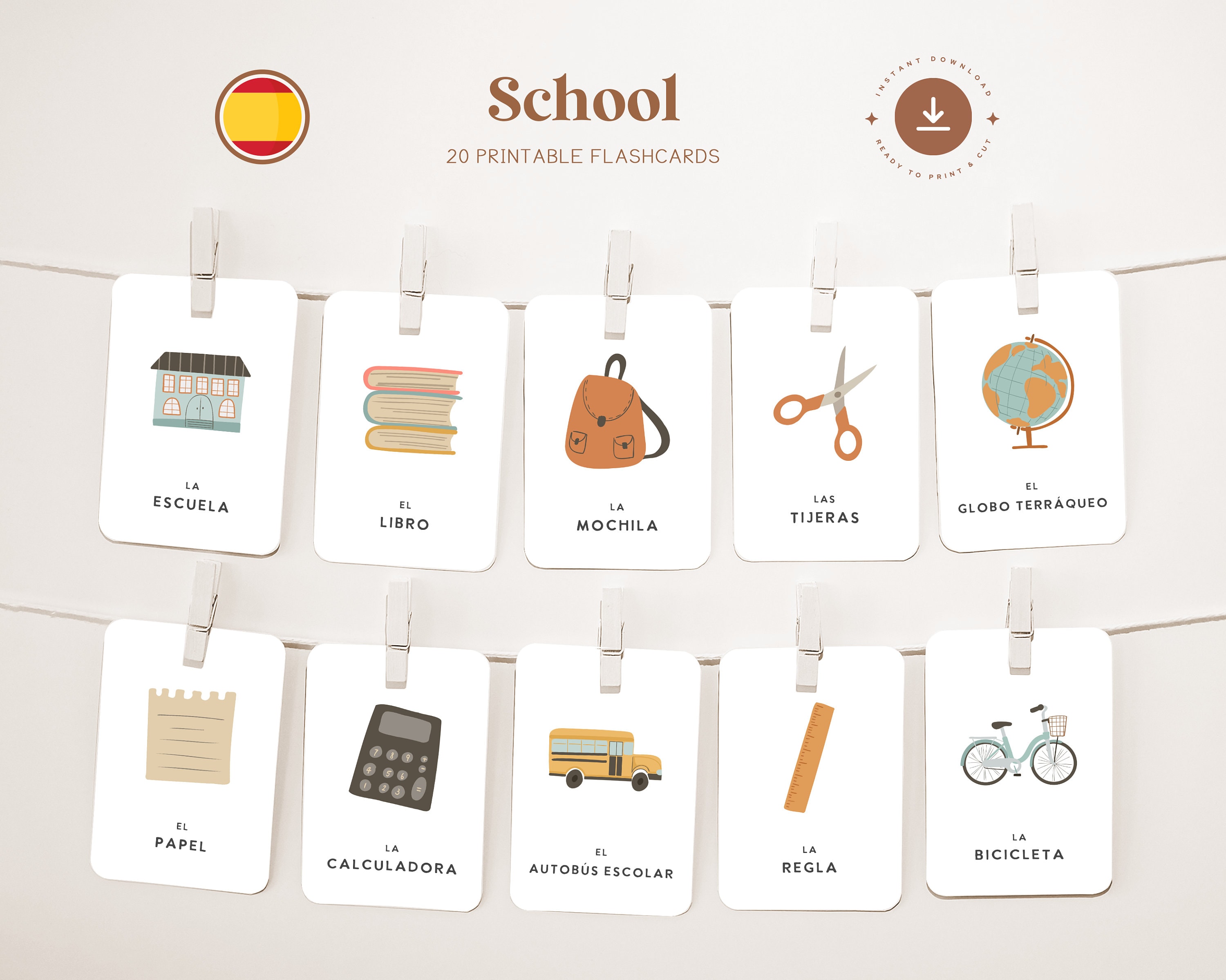 SCHOOL • Spanish • Printable Flashcards • Three-part Montessori Cards ...
