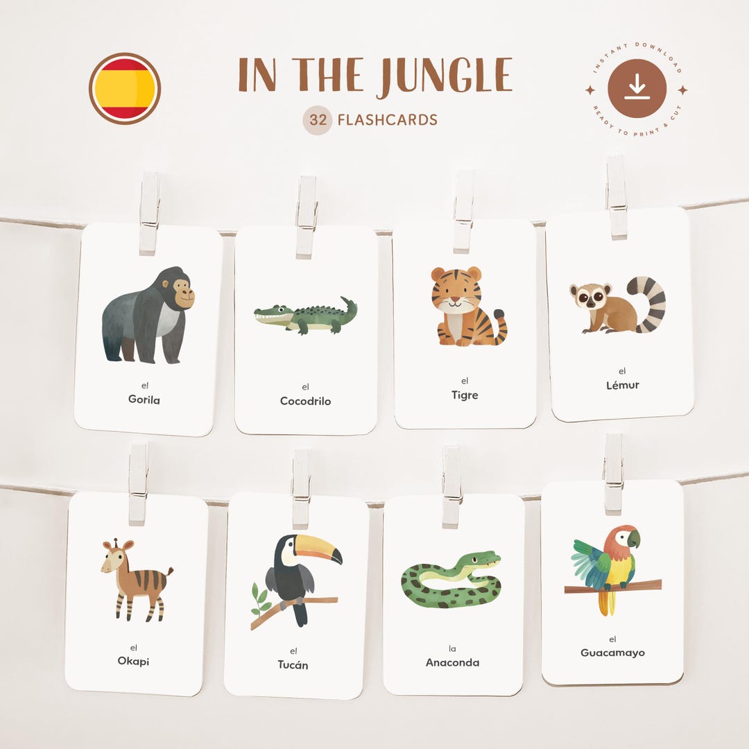 JUNGLE ANIMALS • Spanish • Printable Flashcards • Three-part Montessori ...