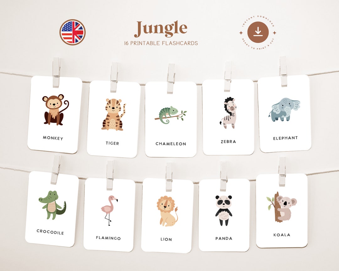 JUNGLE ANIMALS English Printable Flashcards Three-part Montessori Cards ...