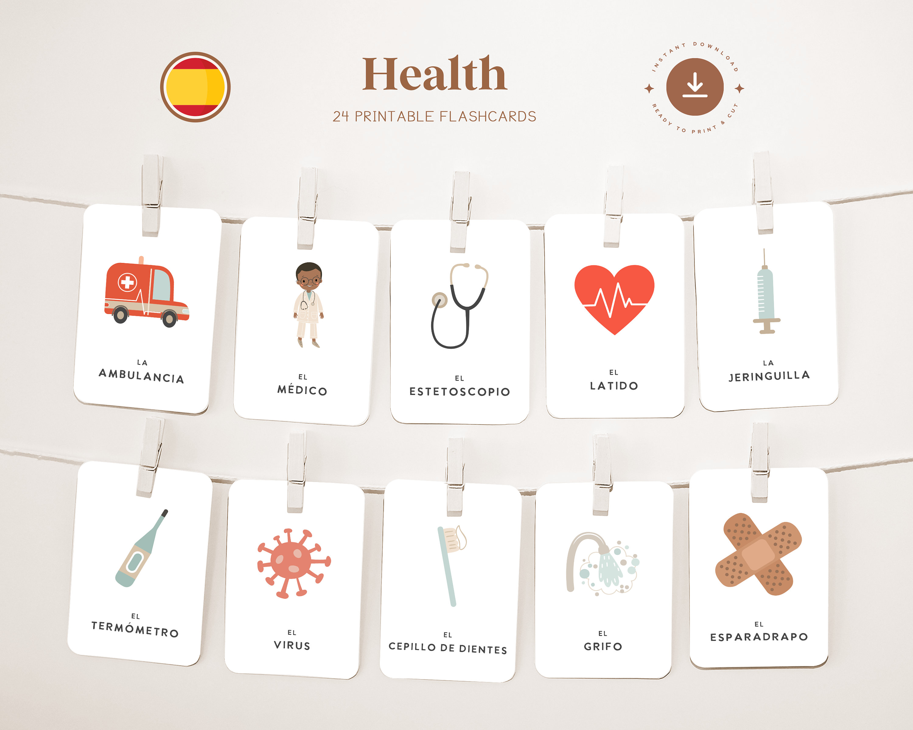 HEALTH & HYGIENE • Spanish • Printable Flashcards • Three-part ...