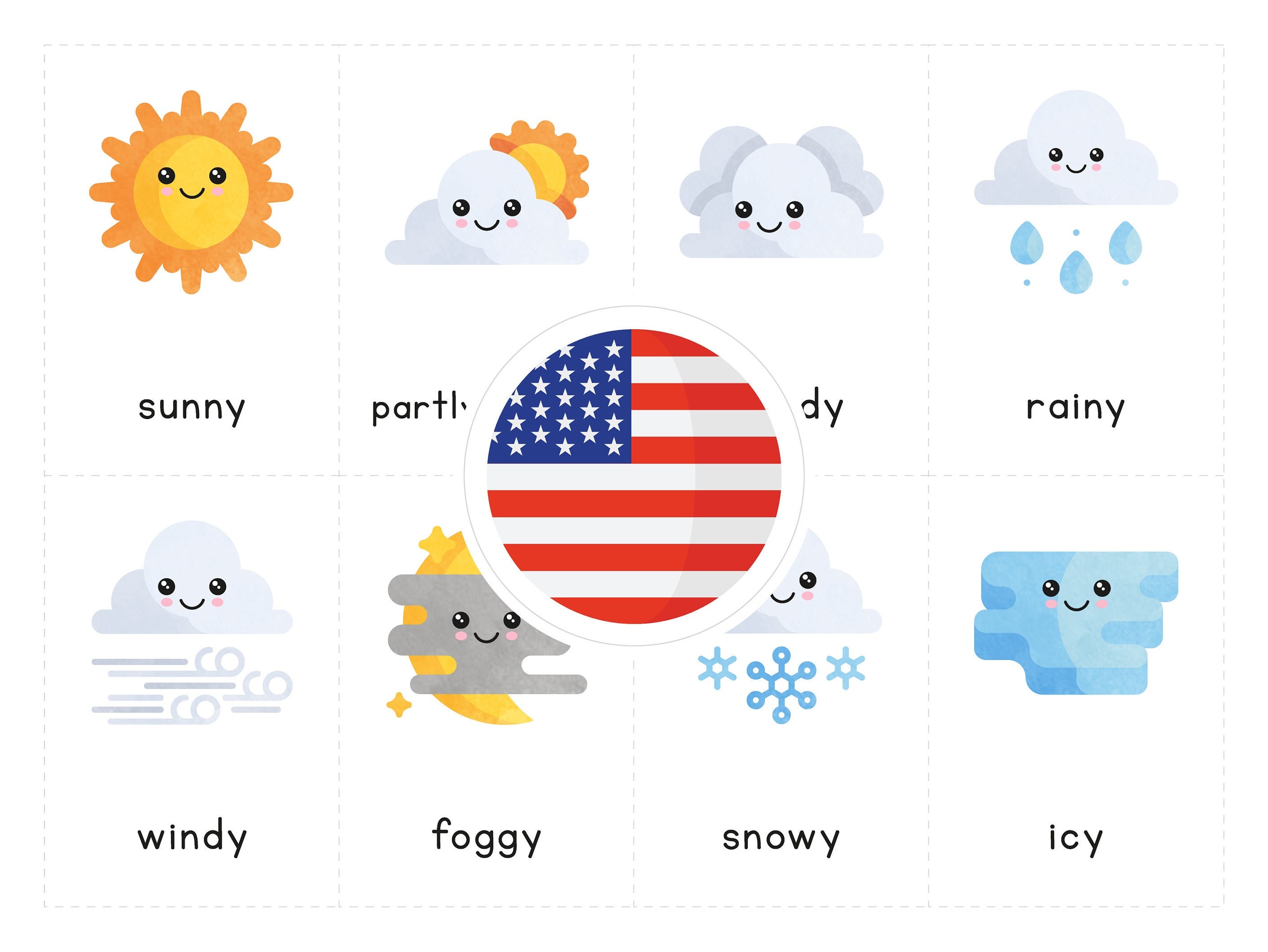 WEATHER English Printable Flashcards Three-part - Etsy