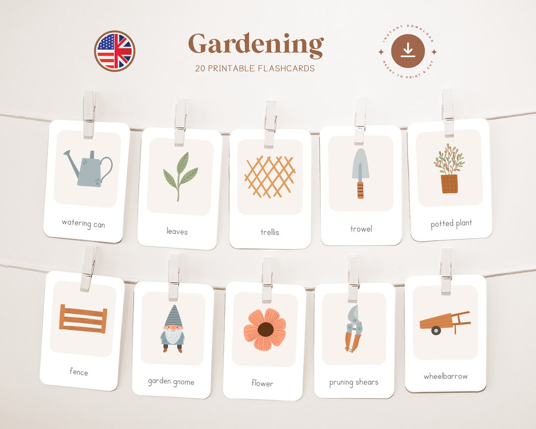 GARDENING English Printable Flashcards Three-part Montessori Cards - Etsy