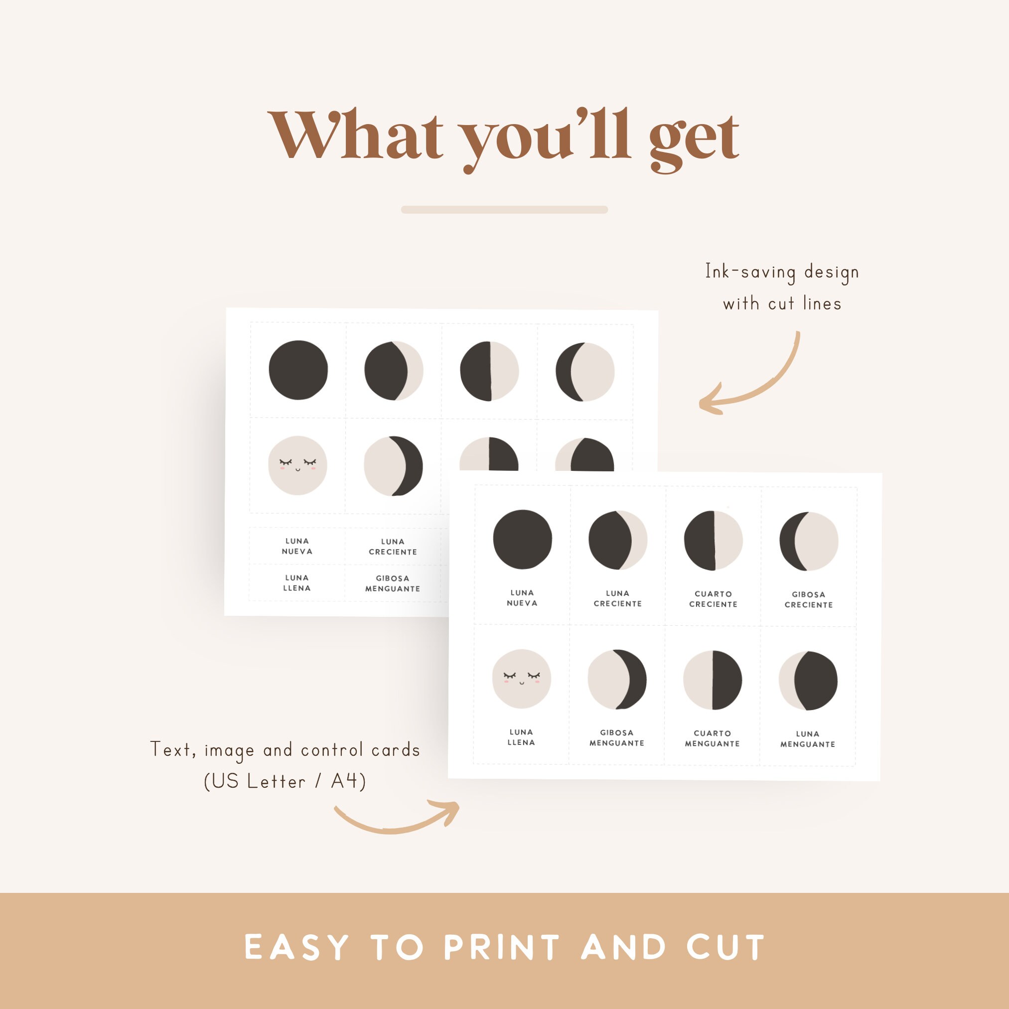 MOON PHASES Spanish Printable Flashcards Three-part Montessori Cards ...