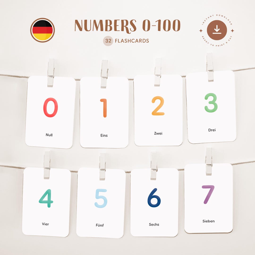 NUMBERS (0-100) • German • Printable Flashcards • Three-part Montessori ...