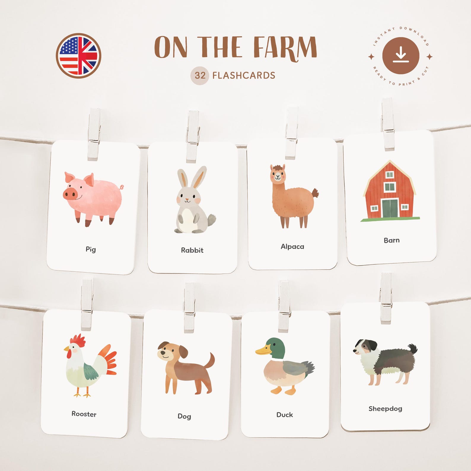 FARM ANIMALS • English • Printable Flashcards • Three-part Montessori ...