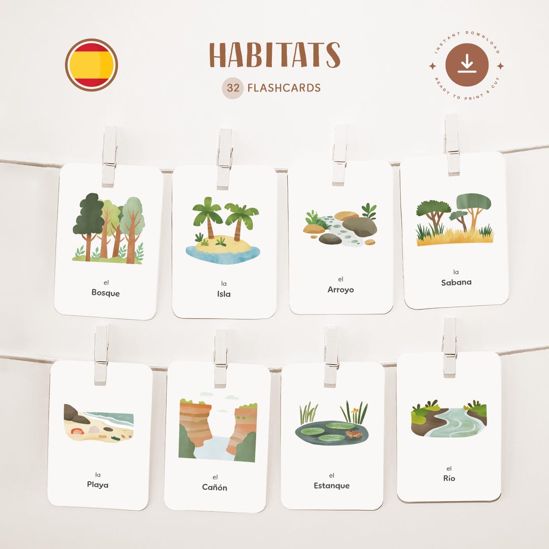 HABITATS & ECOSYSTEMS • Spanish • Printable Flashcards • Three-part ...