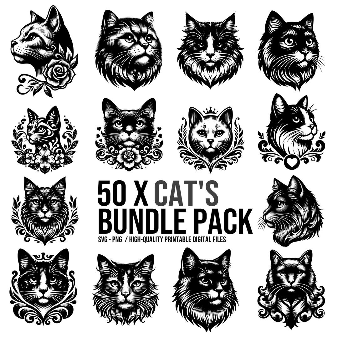 Cat Svg, Cat Head Bundle Svg, Vintage, Cat Portrait, Cat Breed Svg, Cat ...