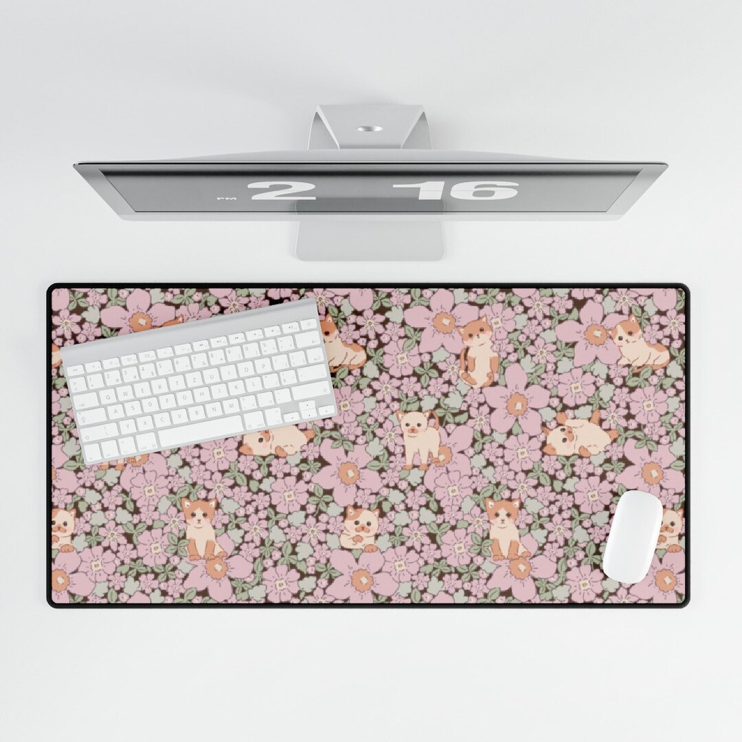 Desk Mats Aesthetic Cute Kittens & Flowers Large Mouse Pad Office Decor ...