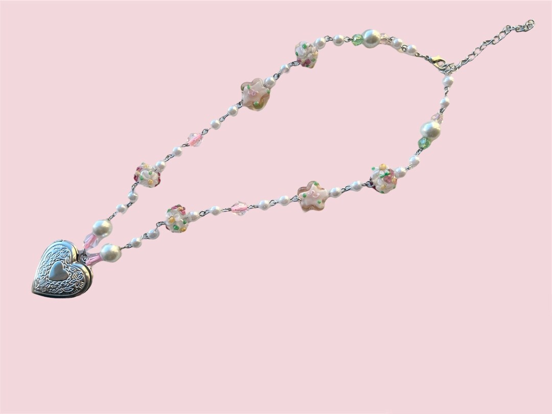 Glass Bead and Faux Pearl Heart Locket Necklace Inspired by Candy ...