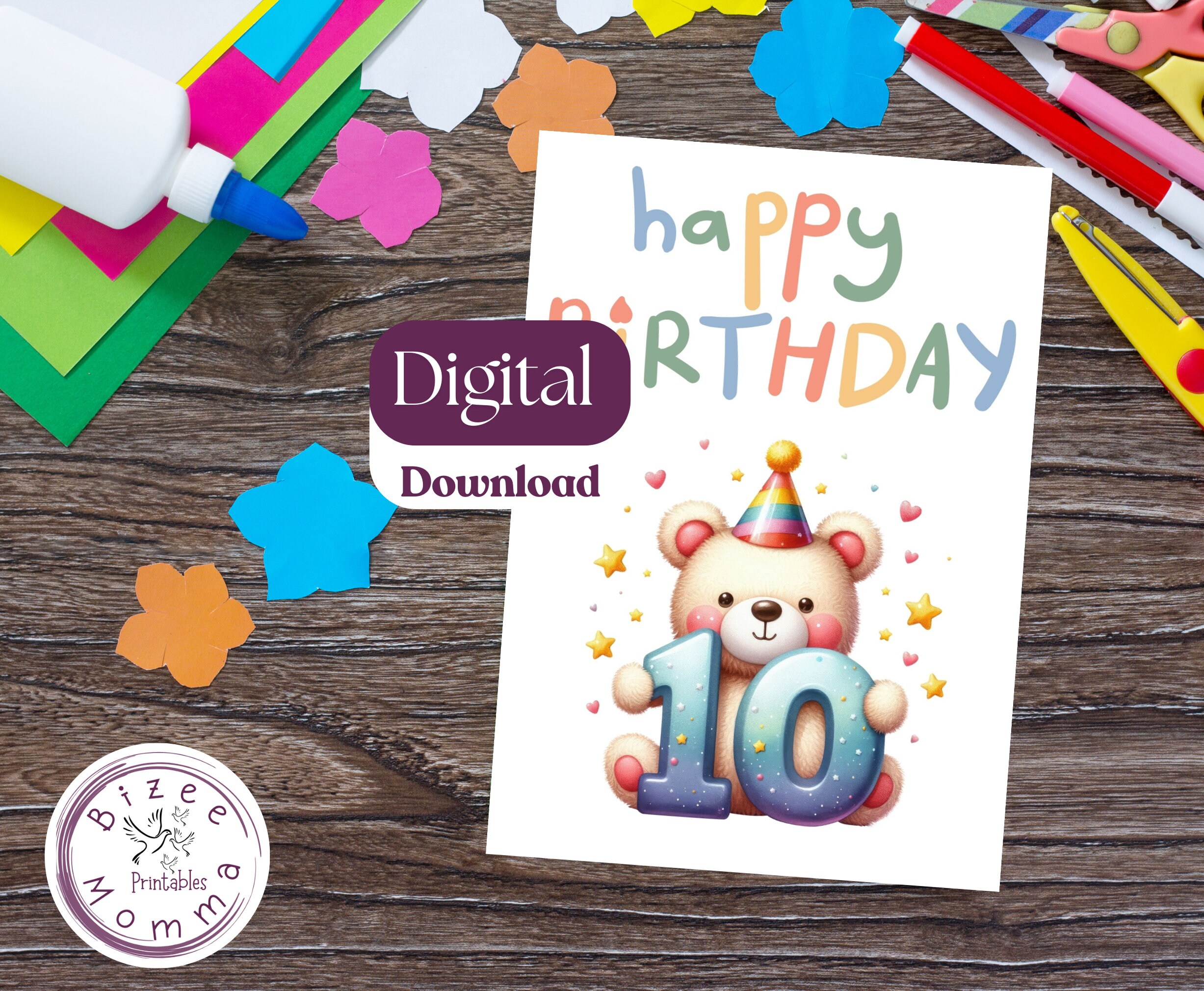 Printable Tenth Birthday Card, 5x7 Card, 10th Birthday Card, Happy ...