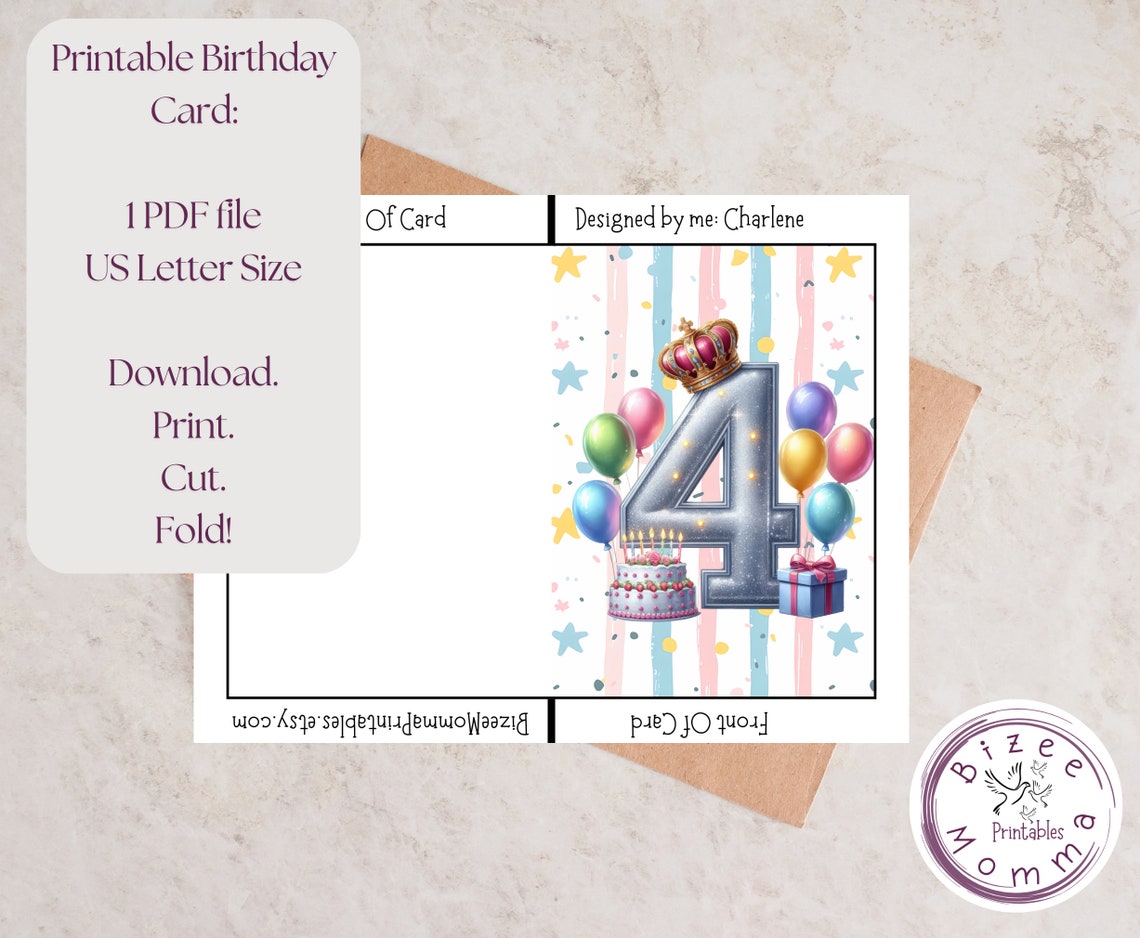 Fourth Birthday Card for Kids 4th Birthday Card Printable Happy 4th ...