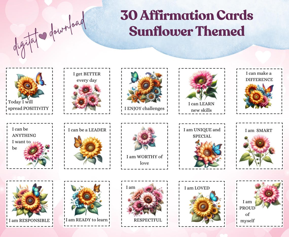 Sunflower Affirmation Cards: Self-care Mindfulness (digital Download ...