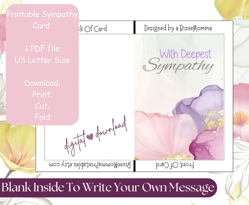 Printable Sympathy Card 5x7 | Deepest Condolences | Floral Condolence ...