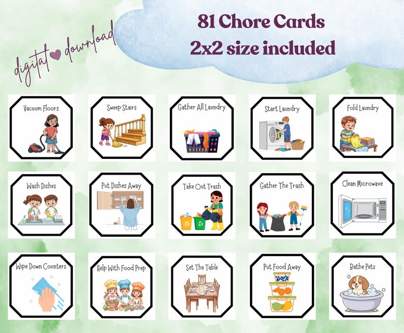 Visual Chore Cards Printable Set, Kids Daily Routine (digital Download ...