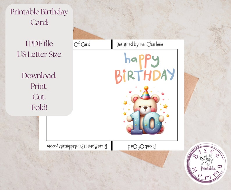 Printable Tenth Birthday Card, 5x7 Card, 10th Birthday Card, Happy ...