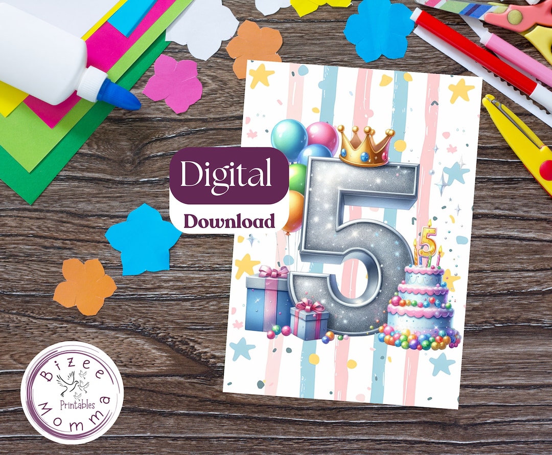 5th Birthday Printable Card | Kids Fifth Birthday Card | Number 5 ...