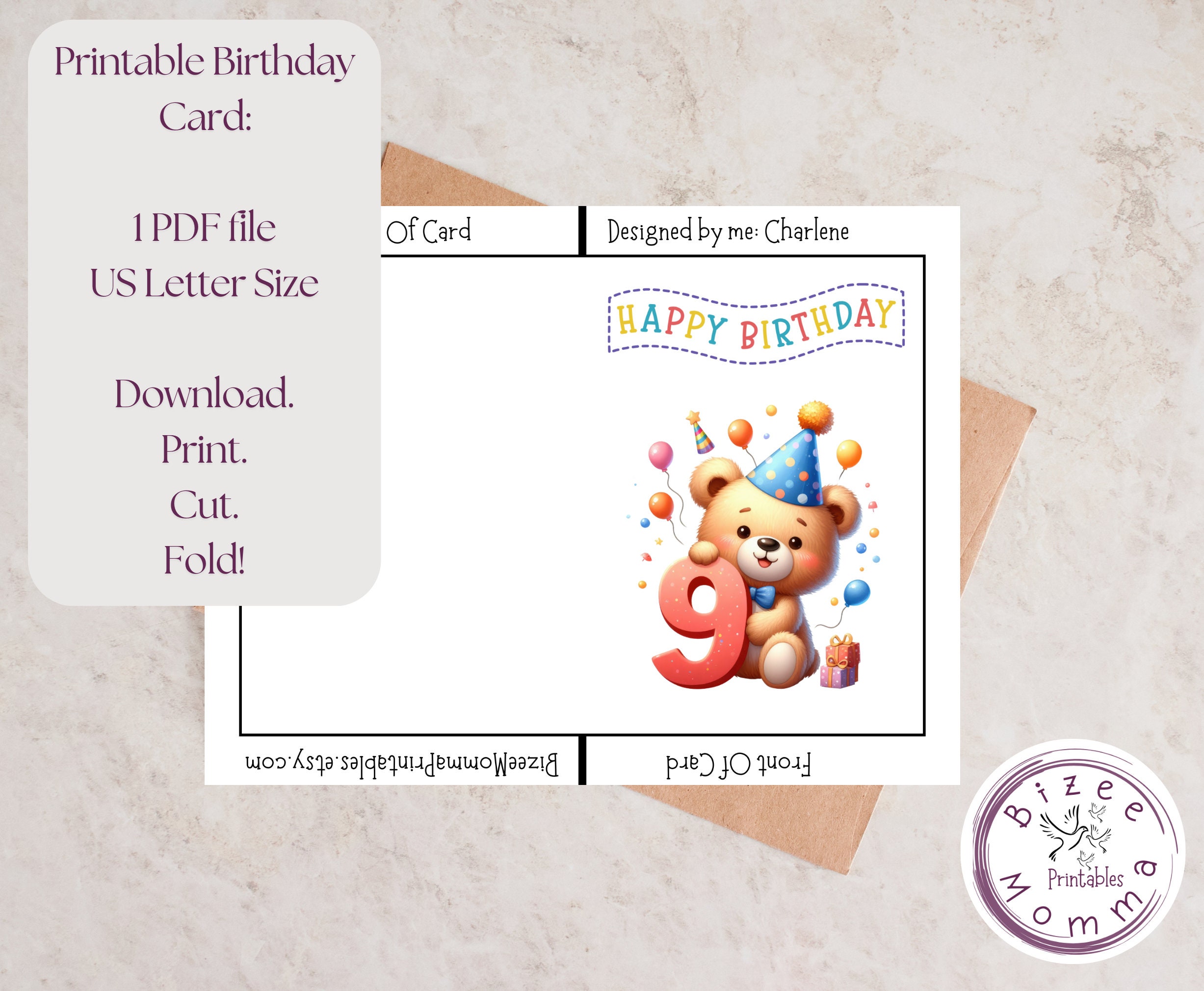 Ninth Birthday Card: Teddy Bear 9th Birthday (printable PDF) - Etsy