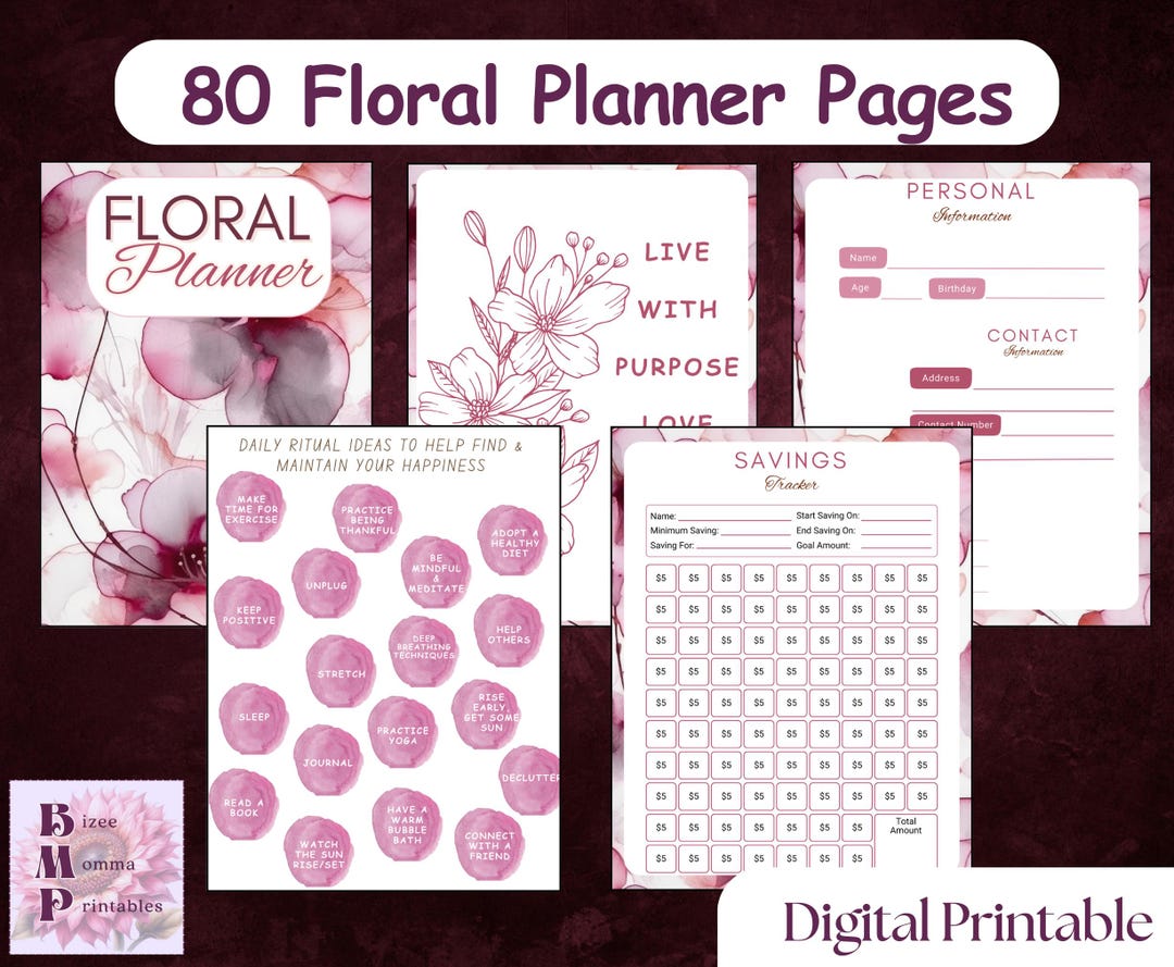Floral Planner Printable | 80 Page Bundle | Self Care, Habit Tracker ...