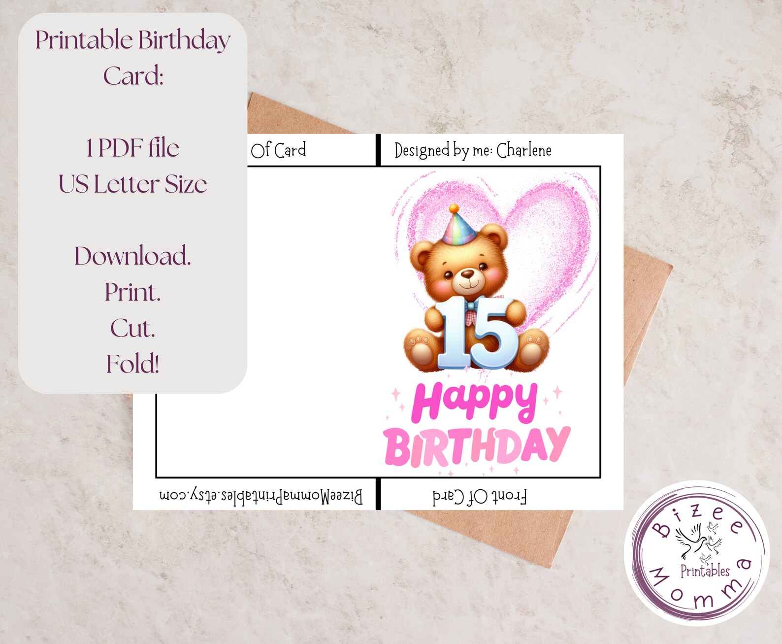 15th Birthday Card: Teddy Bear Printable (PDF) - Etsy