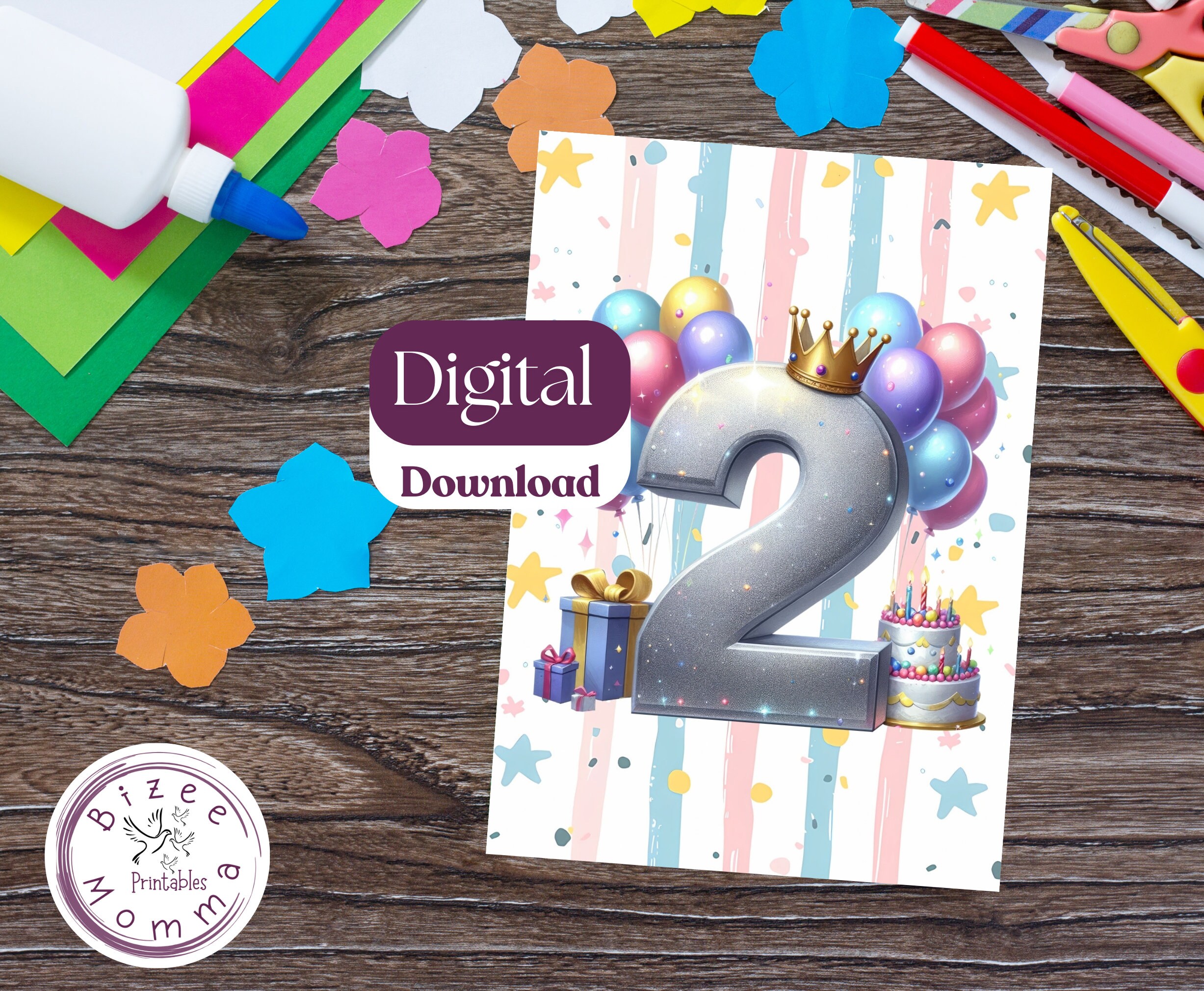 Second Birthday Card | Happy 2nd Birthday, Balloons, Cake (digital ...