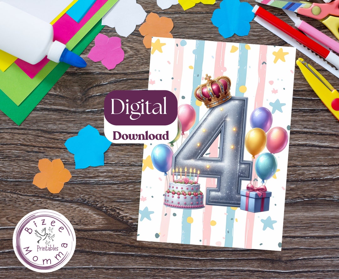 Fourth Birthday Card for Kids 4th Birthday Card Printable Happy 4th ...