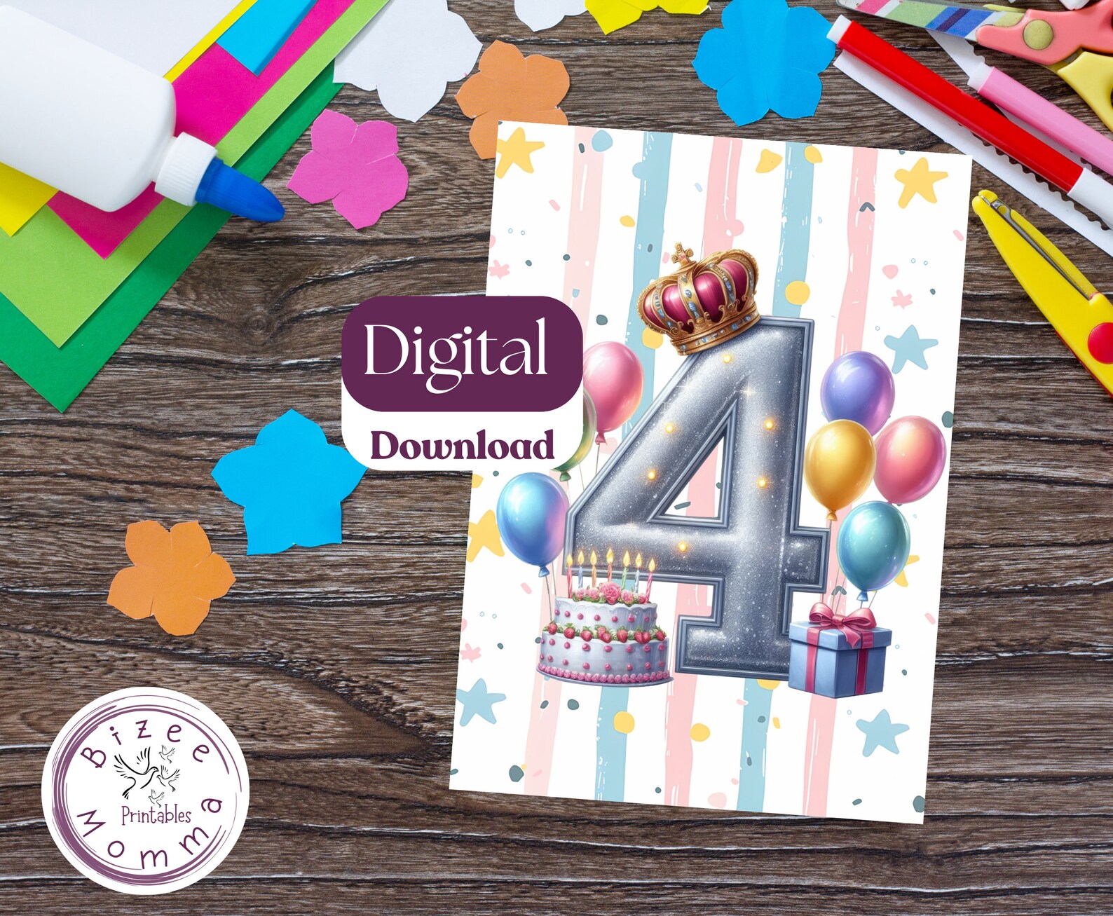 Fourth Birthday Card for Kids 4th Birthday Card Printable Happy 4th ...