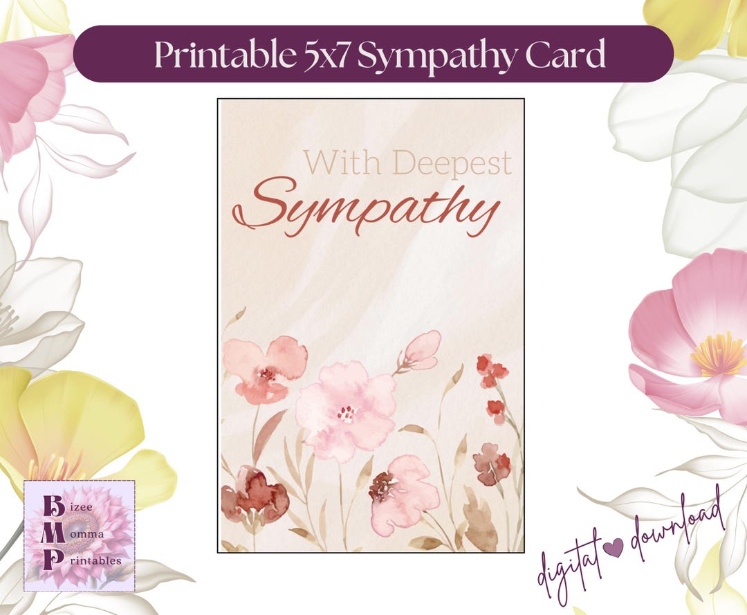 Printable Sympathy Card 5x7 | My Condolences | Floral Condolence Card ...