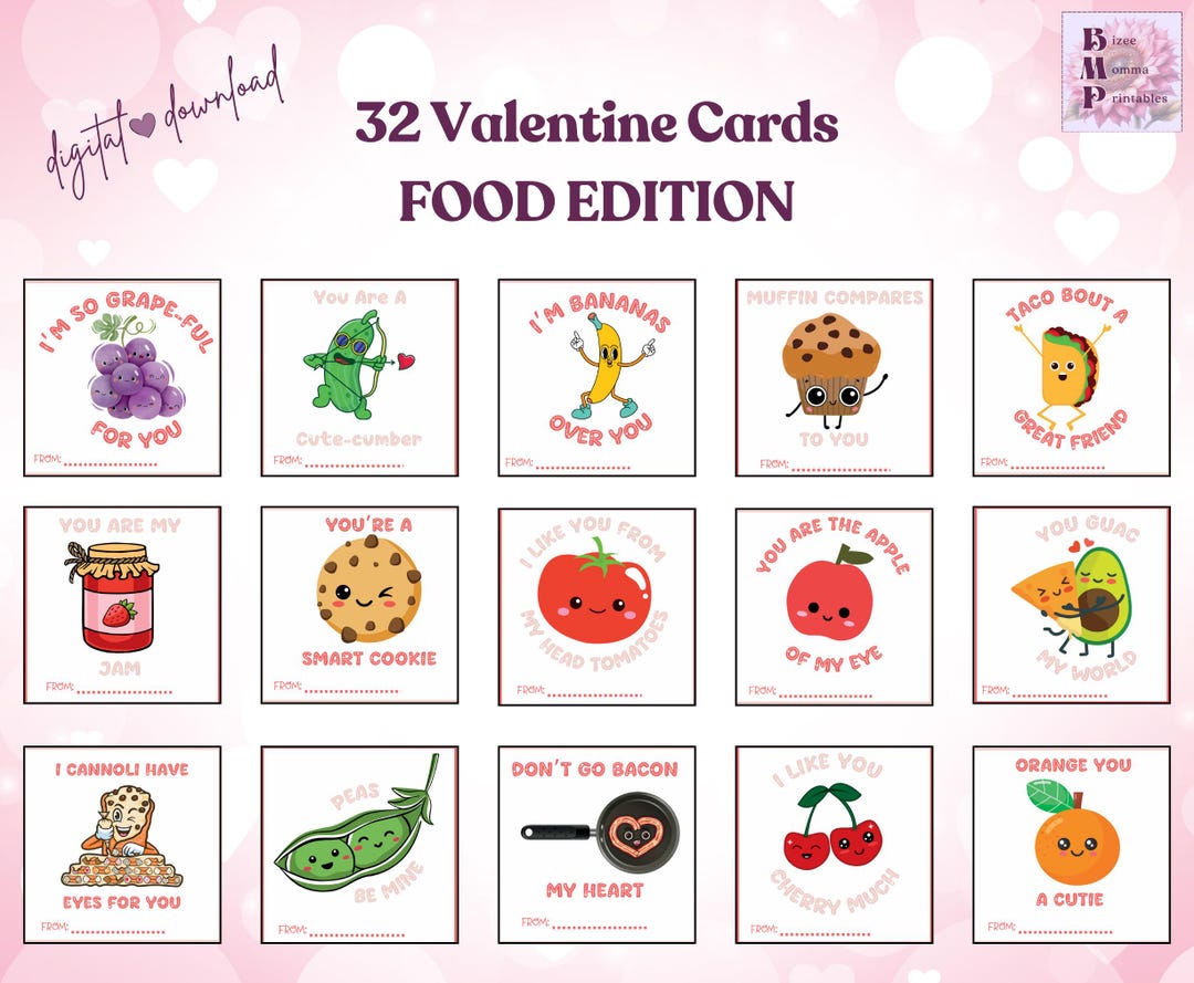32 Valentine Cards Printable – Food Pun Valentines for Kids | Funny ...