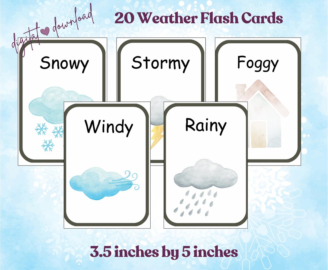 Weather Flashcards for Kids | 20 Weather Cards | Seasons & Temperature ...