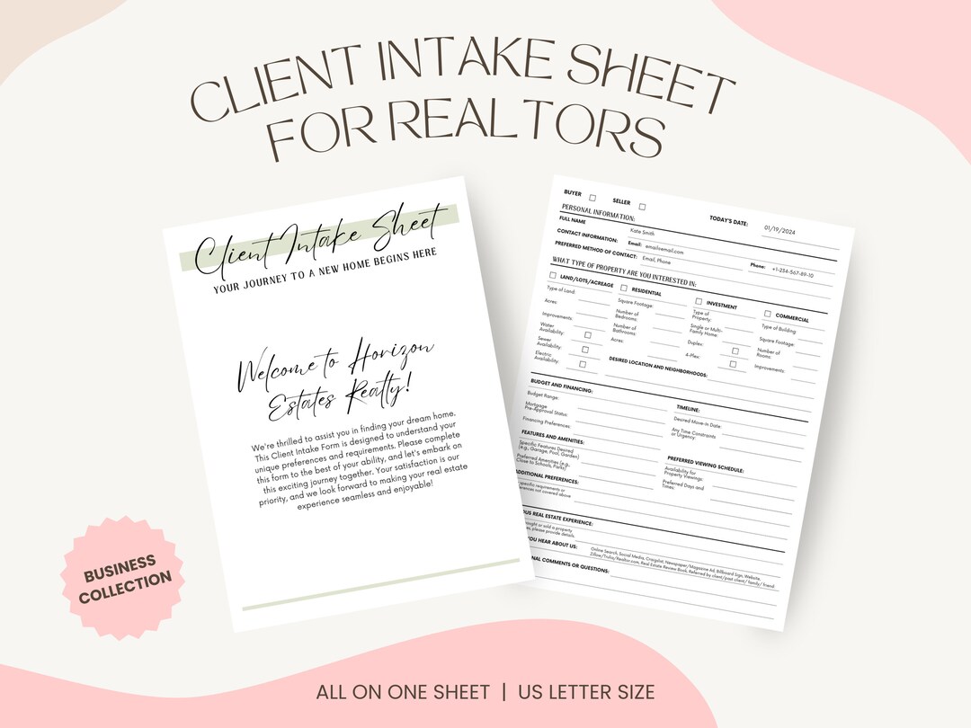 Client Intake Sheet | Real Estate | Real Estate Agent | Instant ...