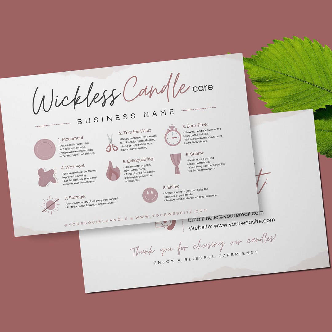 Wickless Candle Care Card Template, No Wick Candle Care Guide, Pink ...