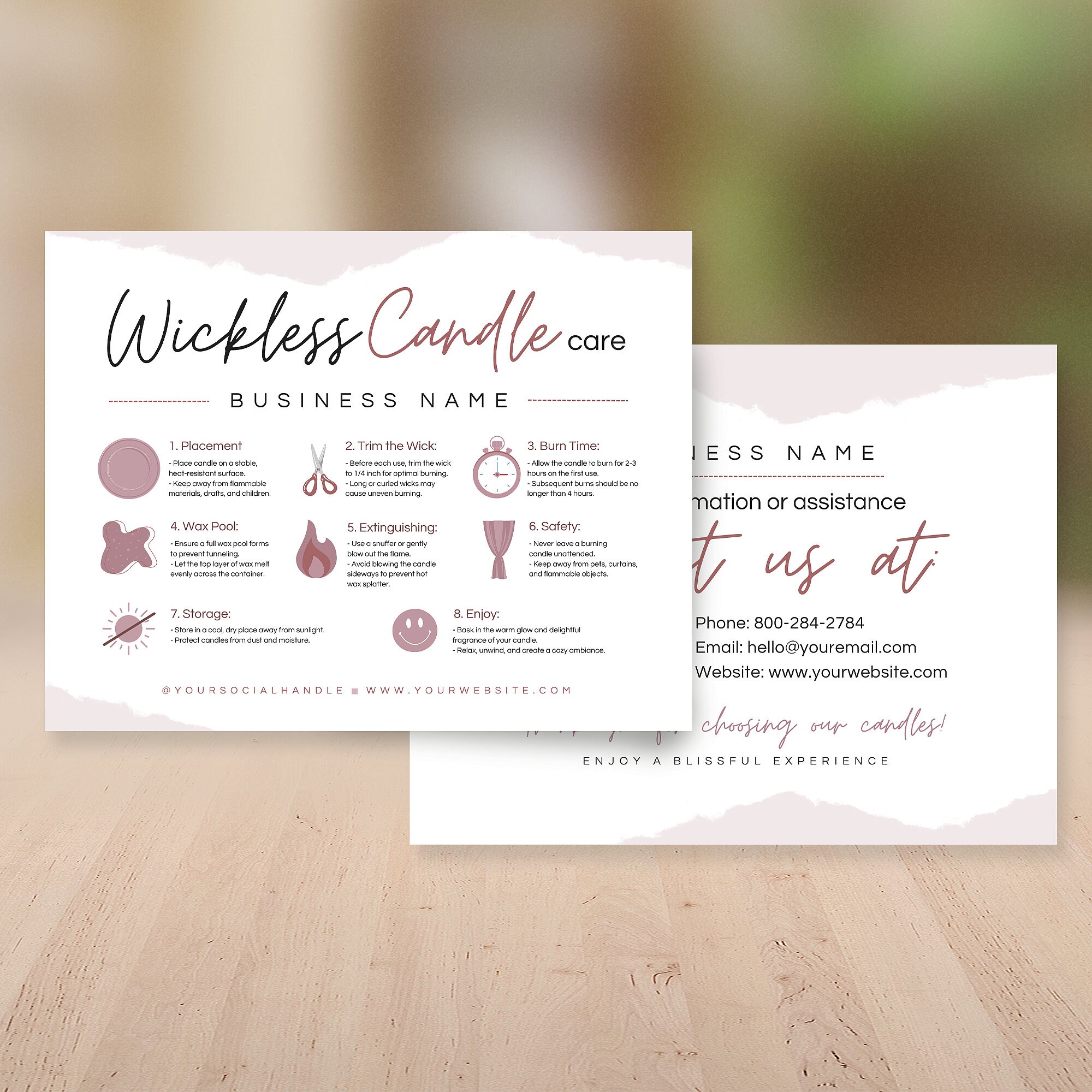 Wickless Candle Care Card Template, No Wick Candle Care Guide, Pink ...