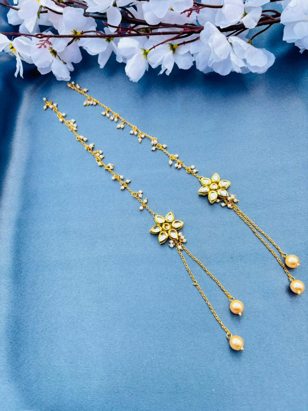 Floral Ear Chains With Pearl Saharas Traditional Indian Earring Support ...