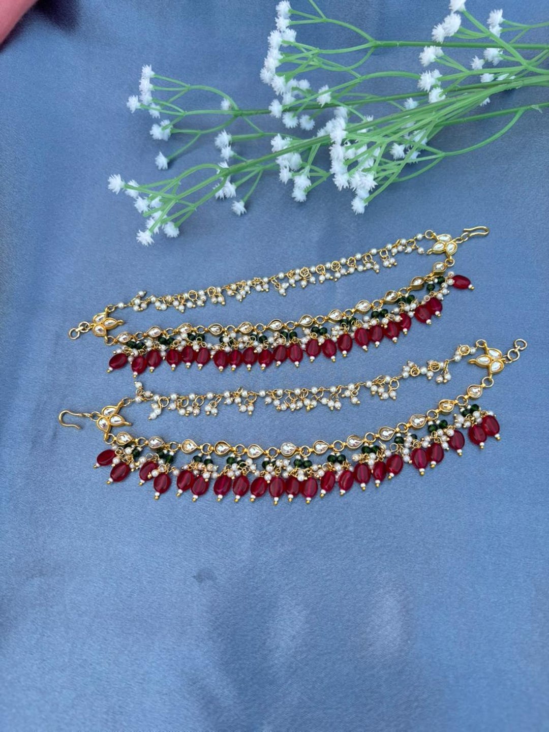Red Beaded Ear Chain: Indian Pakistani Jewelry - Etsy