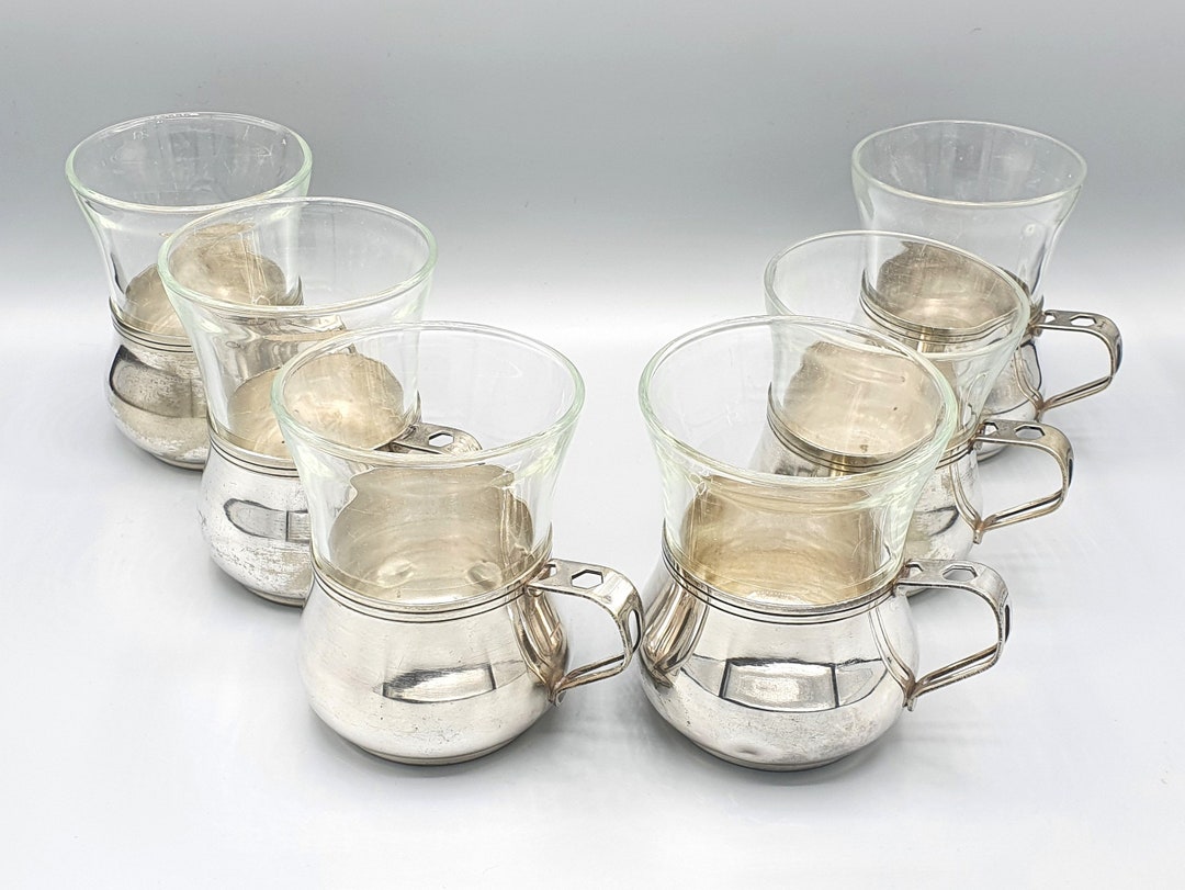 Duralex Set of 6 Vintage Tea Cups Glasses With Holder Decorative ...
