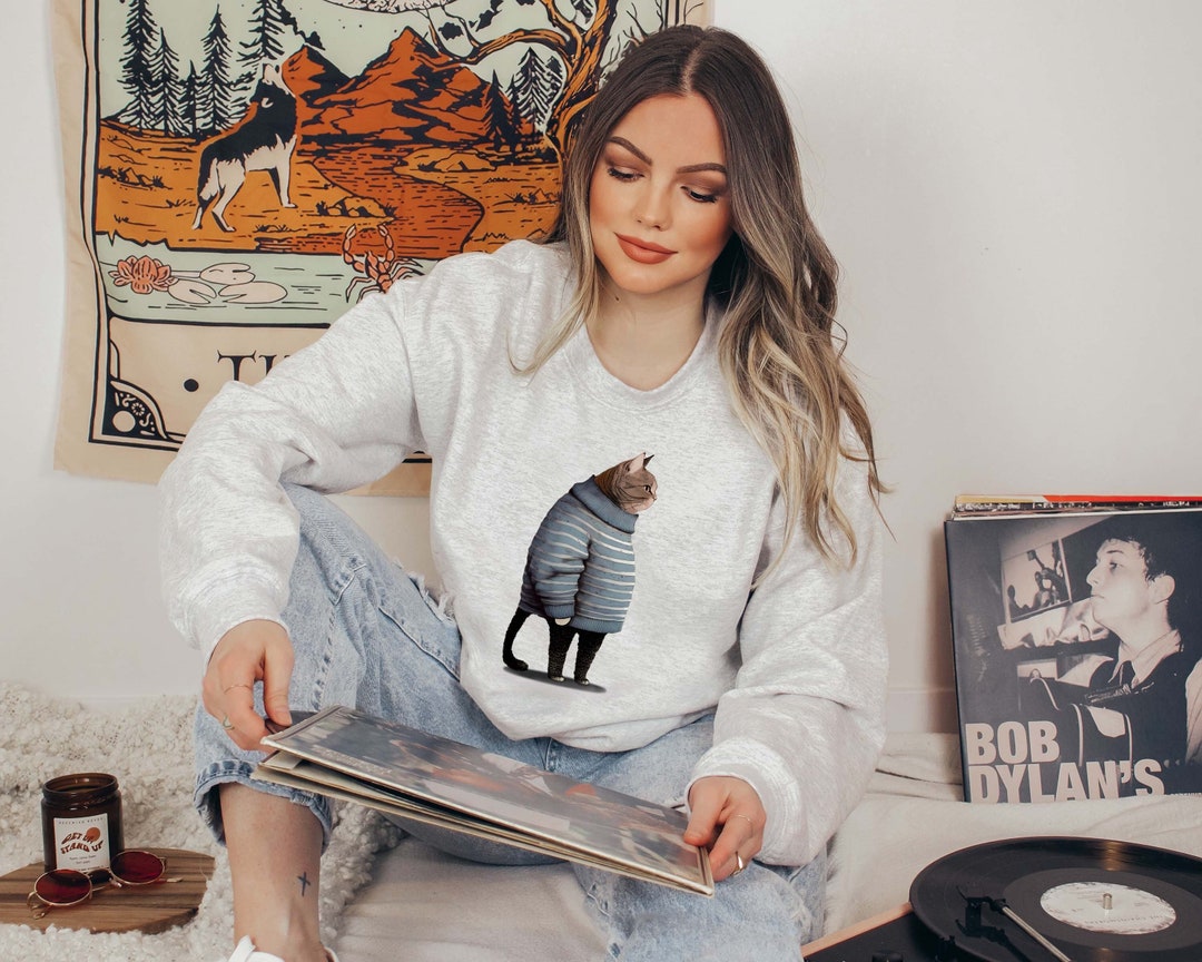 Fat Gray Cat in Sweater, Unisex Crewneck Sweatshirt, Cat Long Sleeve ...