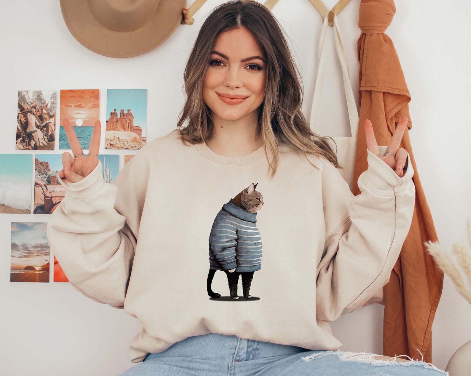 Fat Gray Cat in Sweater, Unisex Crewneck Sweatshirt, Cat Long Sleeve ...