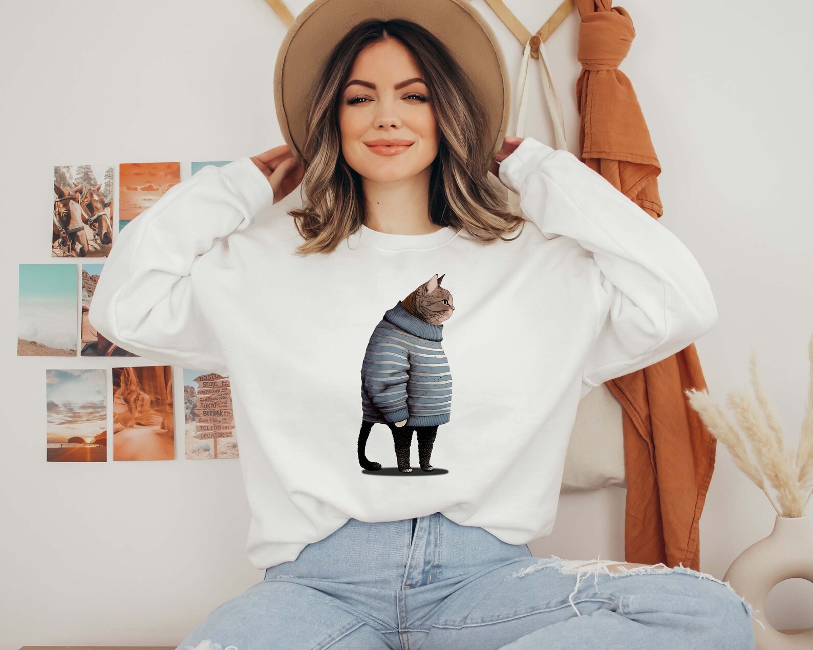 Fat Gray Cat in Sweater, Unisex Crewneck Sweatshirt, Cat Long Sleeve ...