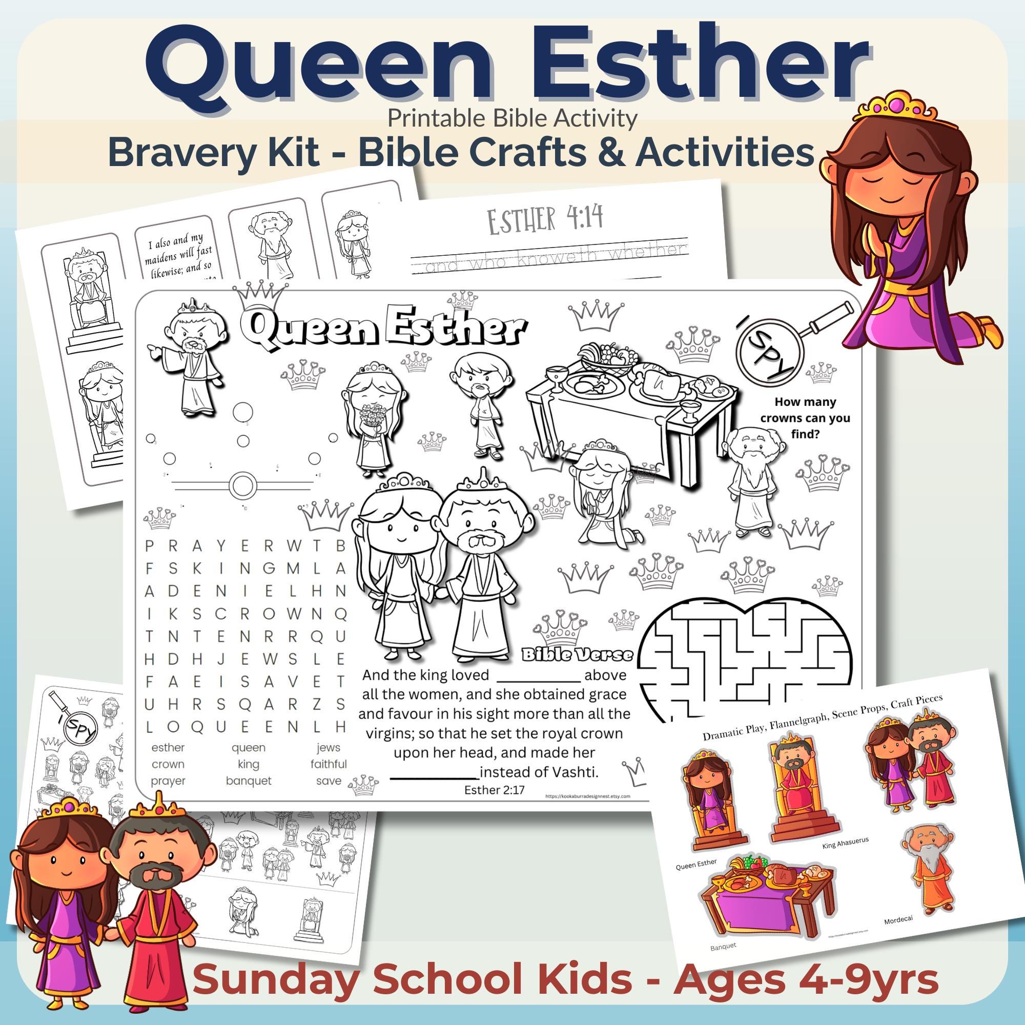 Queen Esther Bible Story. Bravery Kit. Worksheets for Kids | Faith ...