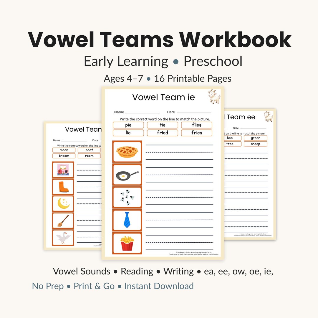 Vowel Teams Workbook for Kids | 16 Printable Pages Ages 4–7 | Reading ...