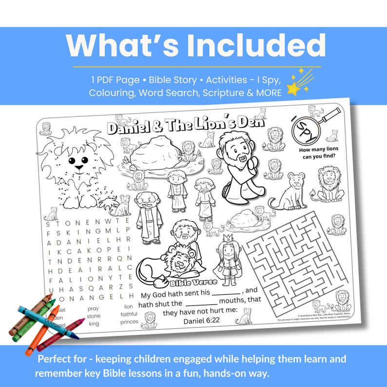 Daniel and the Lions Den Placemat Activity, Bible Coloring Page for ...