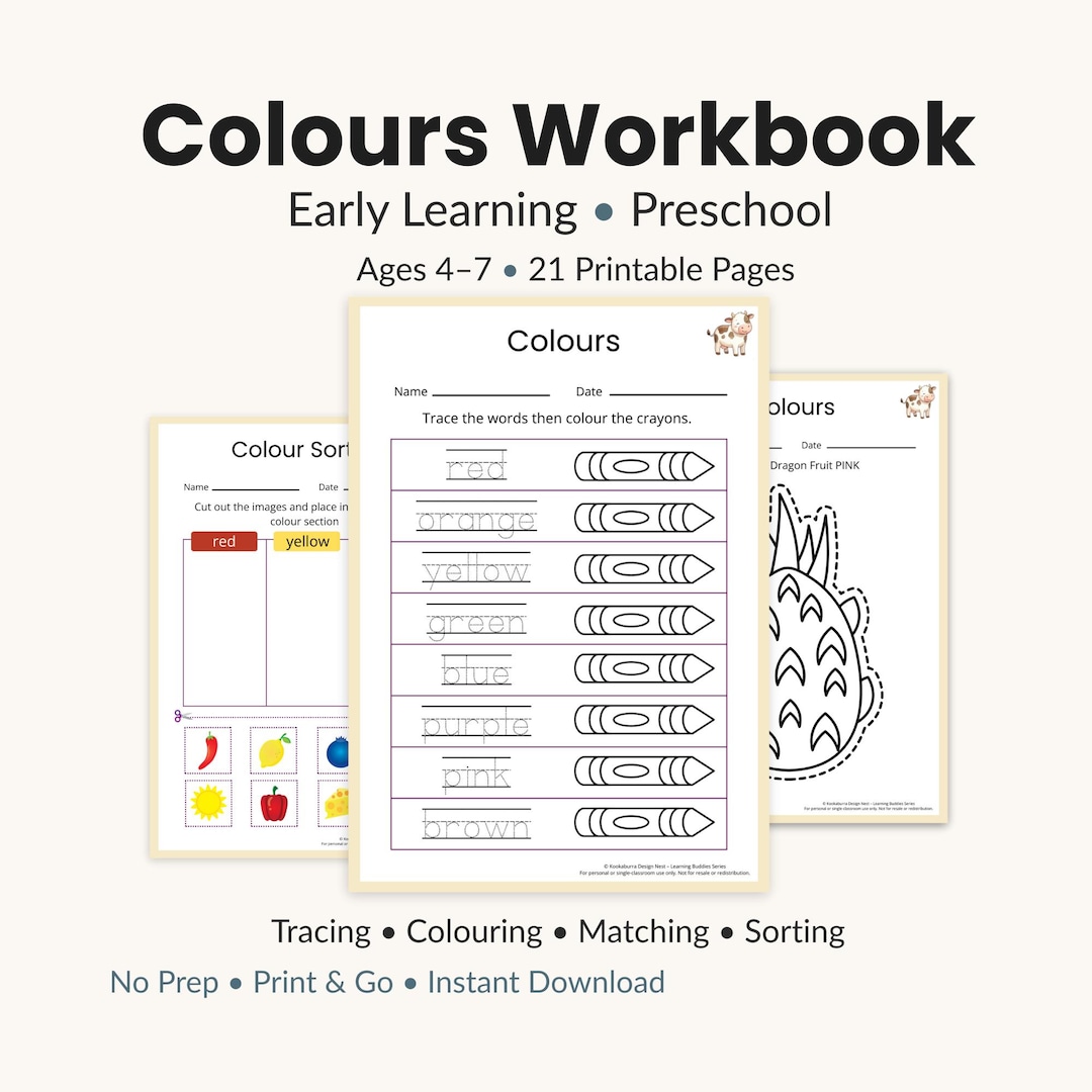 Colours Workbook for Kids | 21 Printable Pages Ages 4–7 | Tracing ...
