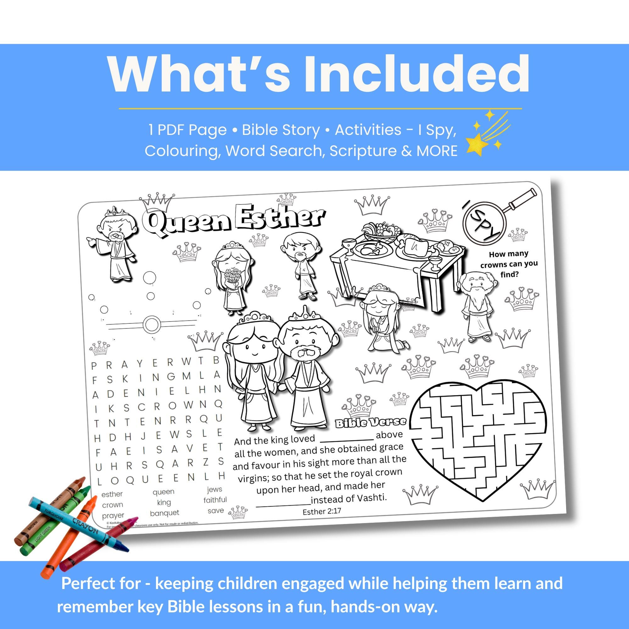 Bible Activity Placemat for Kids | Queen Esther Coloring Placemat ...