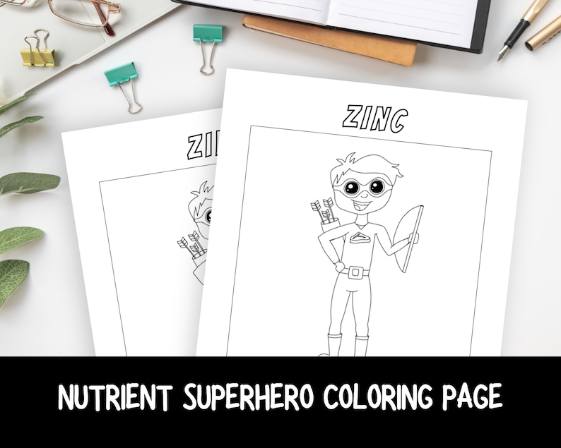 Nutrition Coloring Page for Kids | Hand-illustrated Zinc Superhero ...