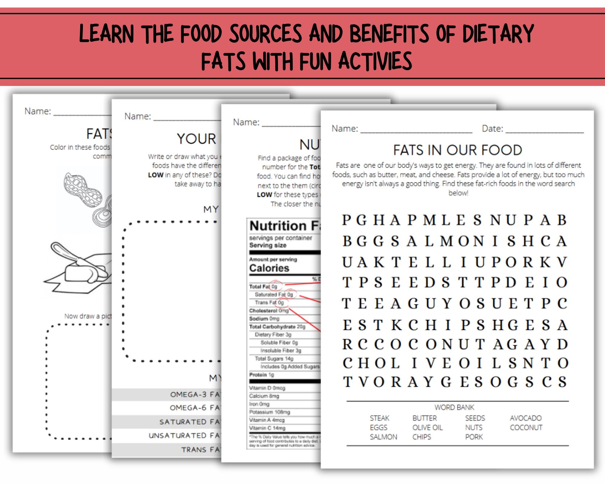 Nutrition Worksheet Activities for Kids | Dietary Fats | Instant ...