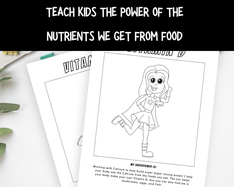 Nutrition Coloring Page for Kids | Hand-illustrated Vitamin D Superhero ...