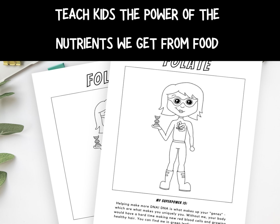 Nutrition Coloring Page for Kids | Hand-illustrated Folate Superhero ...